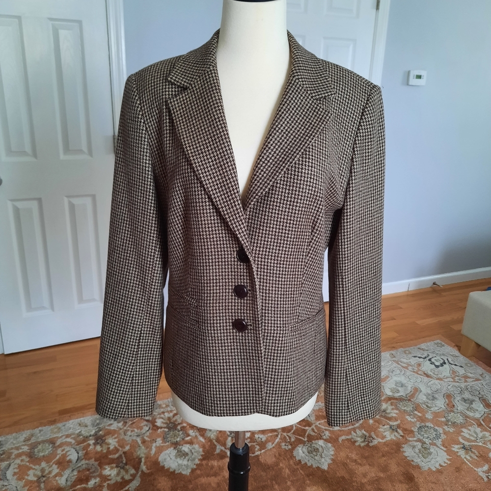 Talbots Brown Houndstooth Wool Blazer Jacket - Gem